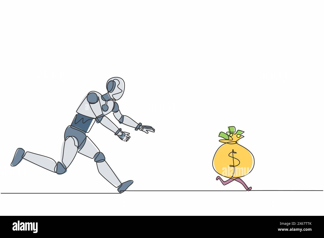 Single continuous line drawing robot chasing money bag dollar run away ...