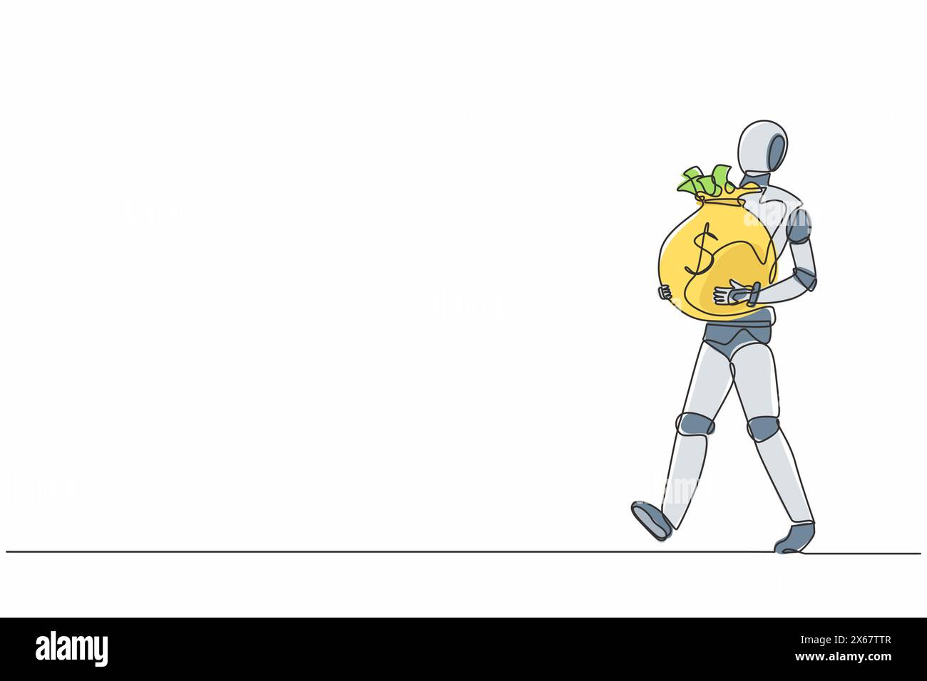 Single one line drawing robot walking and carrying big heavy sack full ...