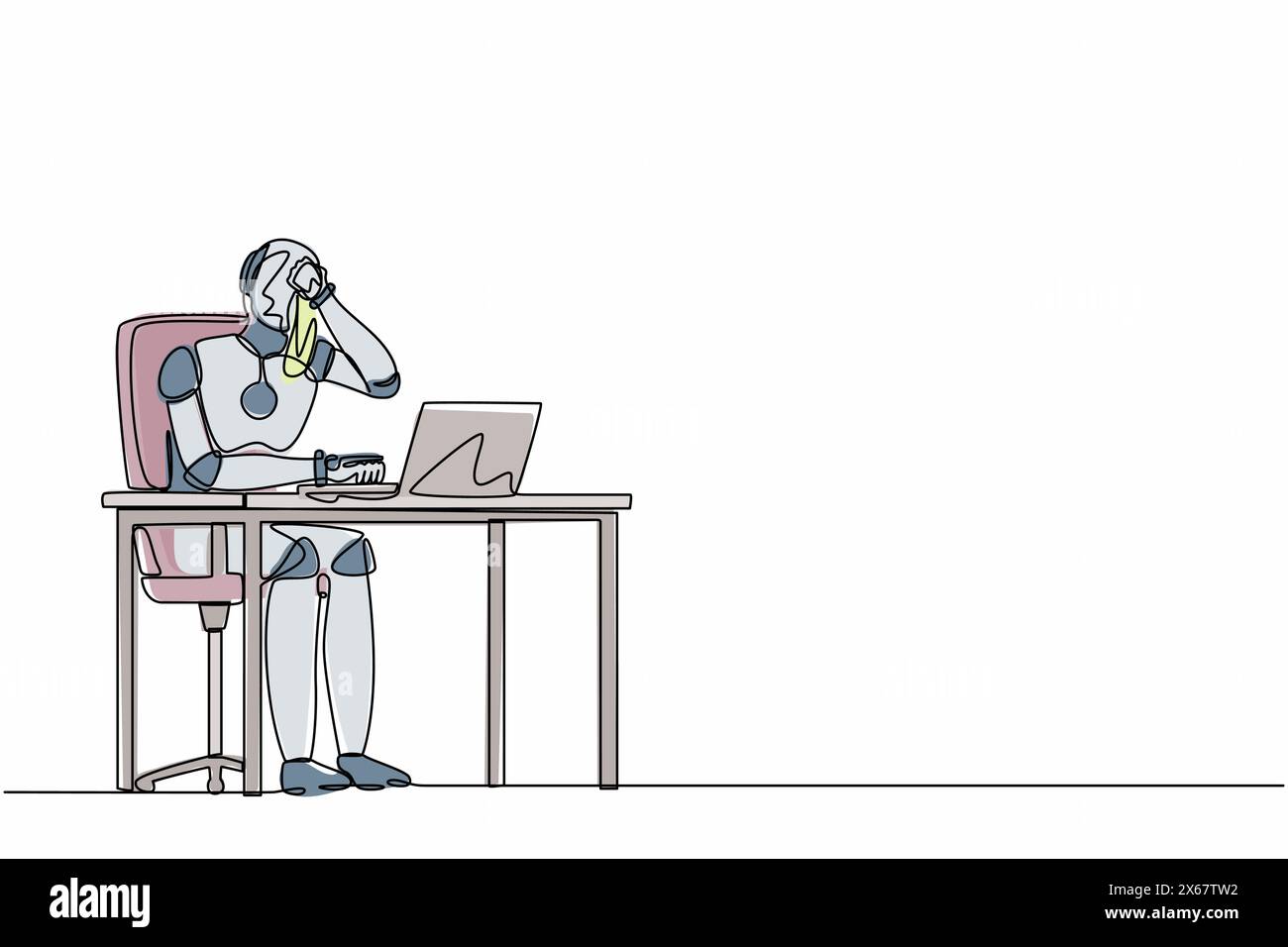 Single continuous line drawing robot employee crying while wiping tears ...