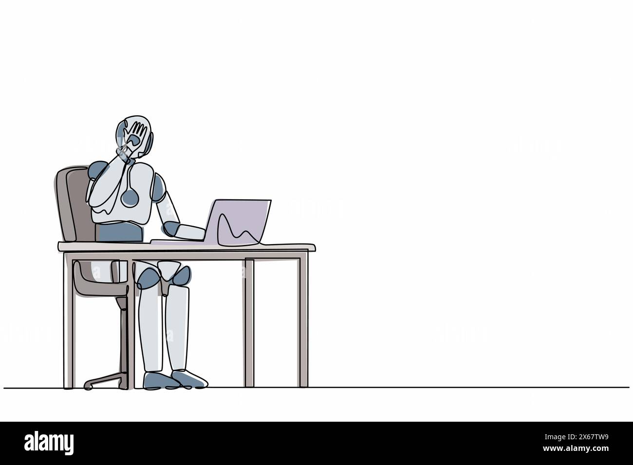 Continuous one line drawing robot work at laptop feeling bad, headache ...