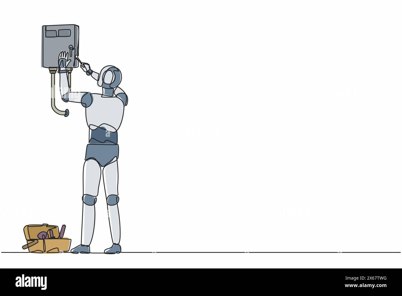 Single continuous line drawing robot plumber is installing water heater ...