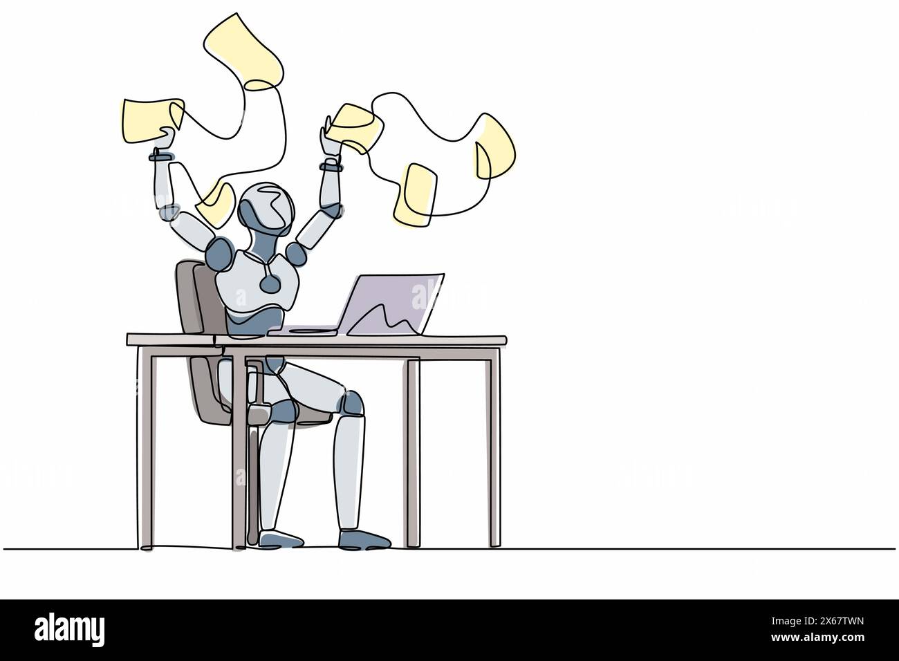 Continuous one line drawing happy robot throwing documents in air ...