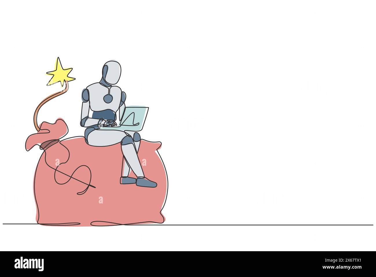 Single one line drawing robot sitting on huge bomb with burning fuse ...