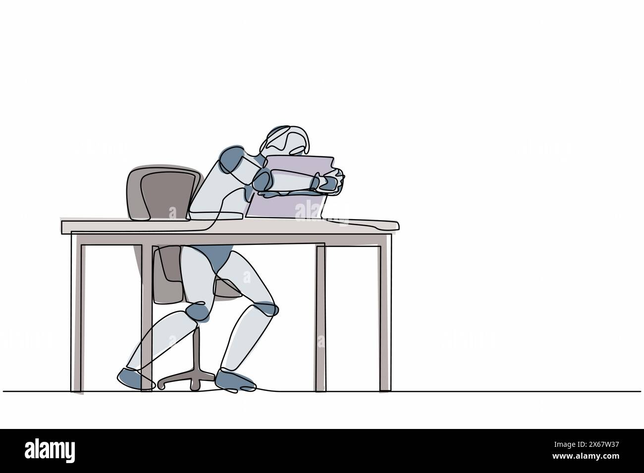 Single continuous line drawing robot sitting and hugging laptop at ... Single continuous line drawing robot sitting and hugging laptop at ...