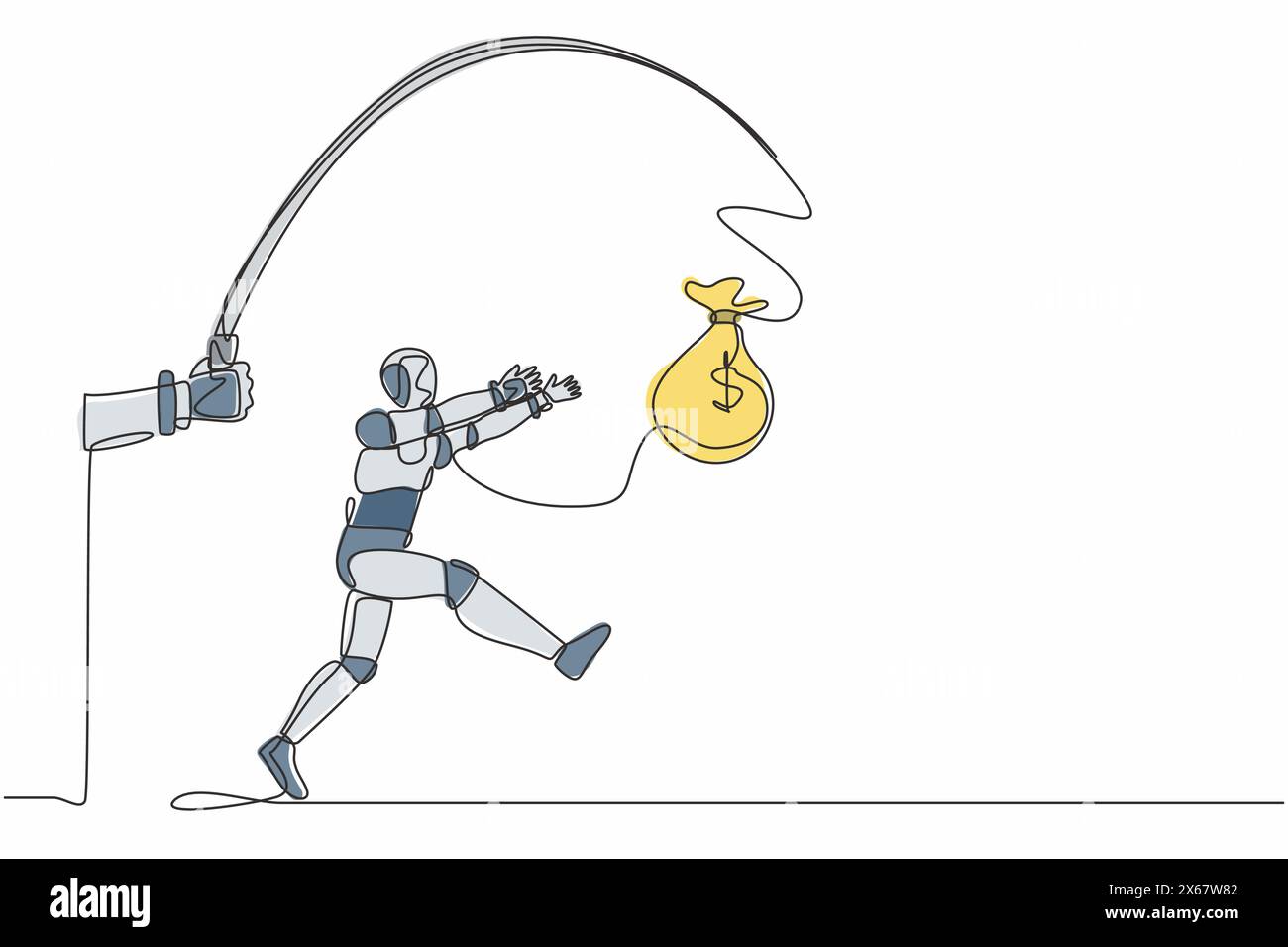 Single continuous line drawing hand with fishing pole and money bag ...