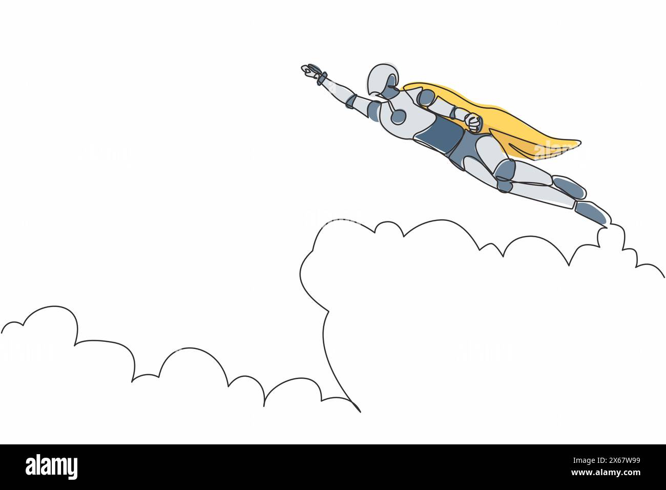 Single one line drawing superhero robot in cloak flying up to sky ...