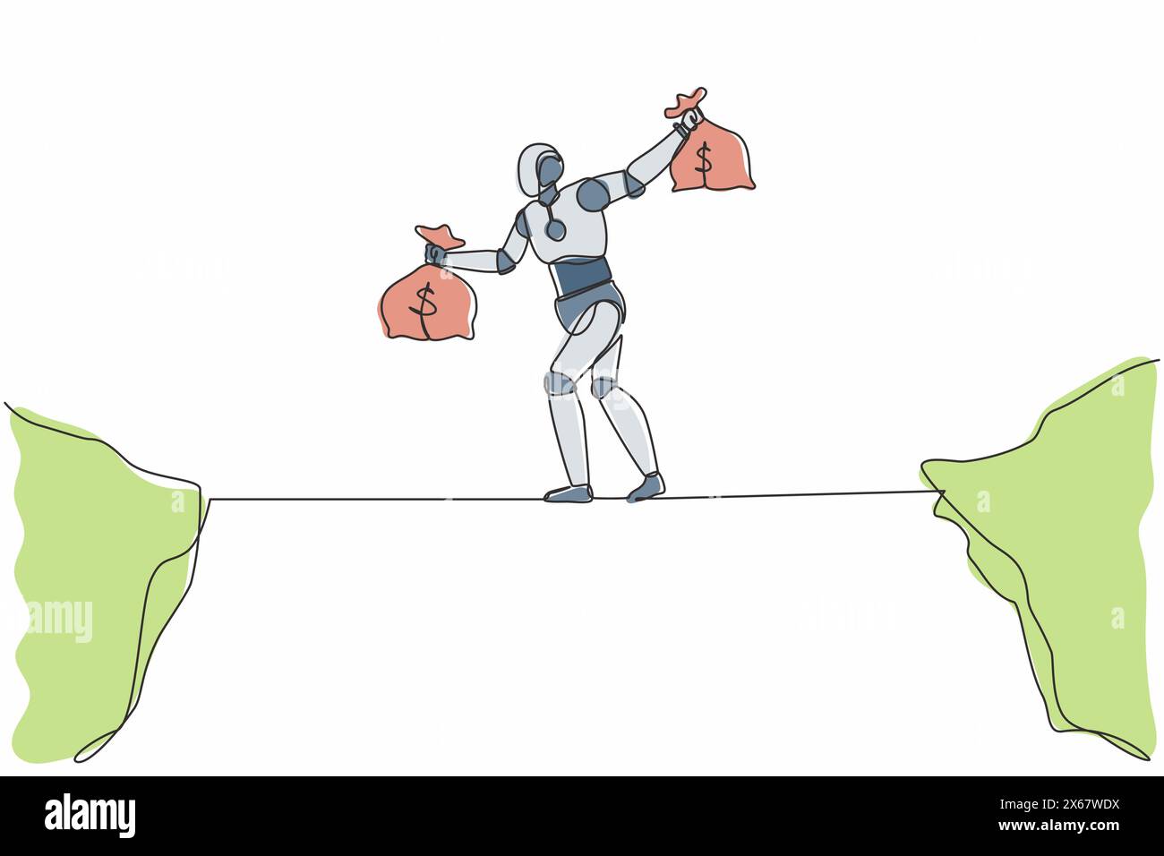 Continuous one line drawing robot walk over cliff gap mountain carry ...