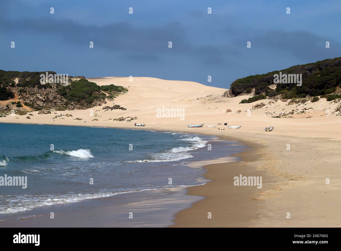 Beach and the sand dunes of Bolonia, one of Europe's largest sand dunes ...