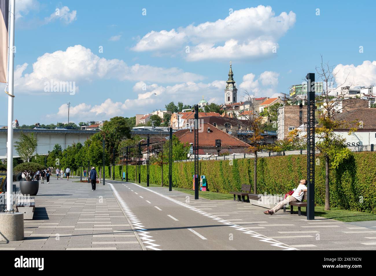 Cycle and walking path along Belgrade waterfront in the new area of the ...