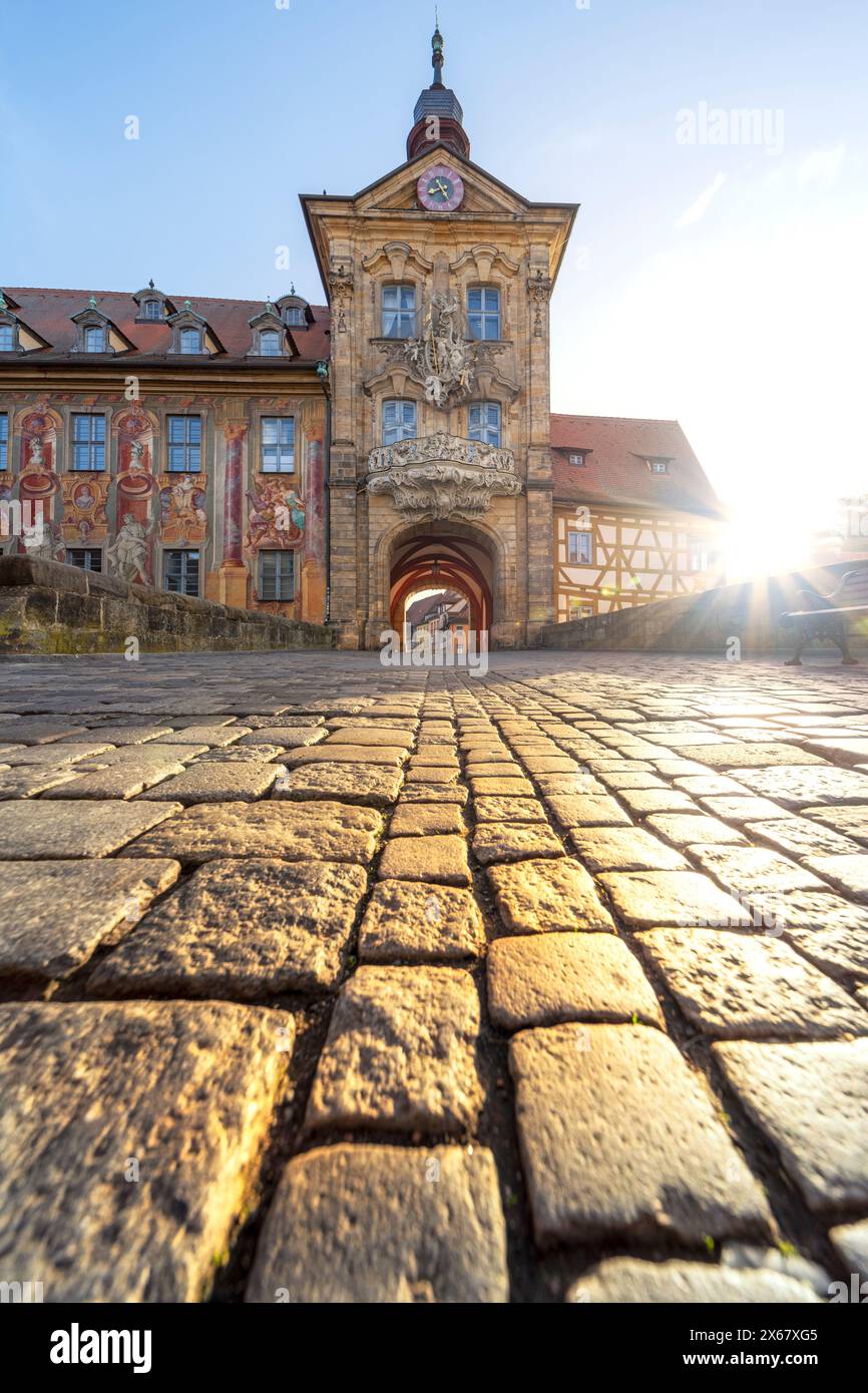 old town hall of Bamberg and ancient gate access to the city center ...