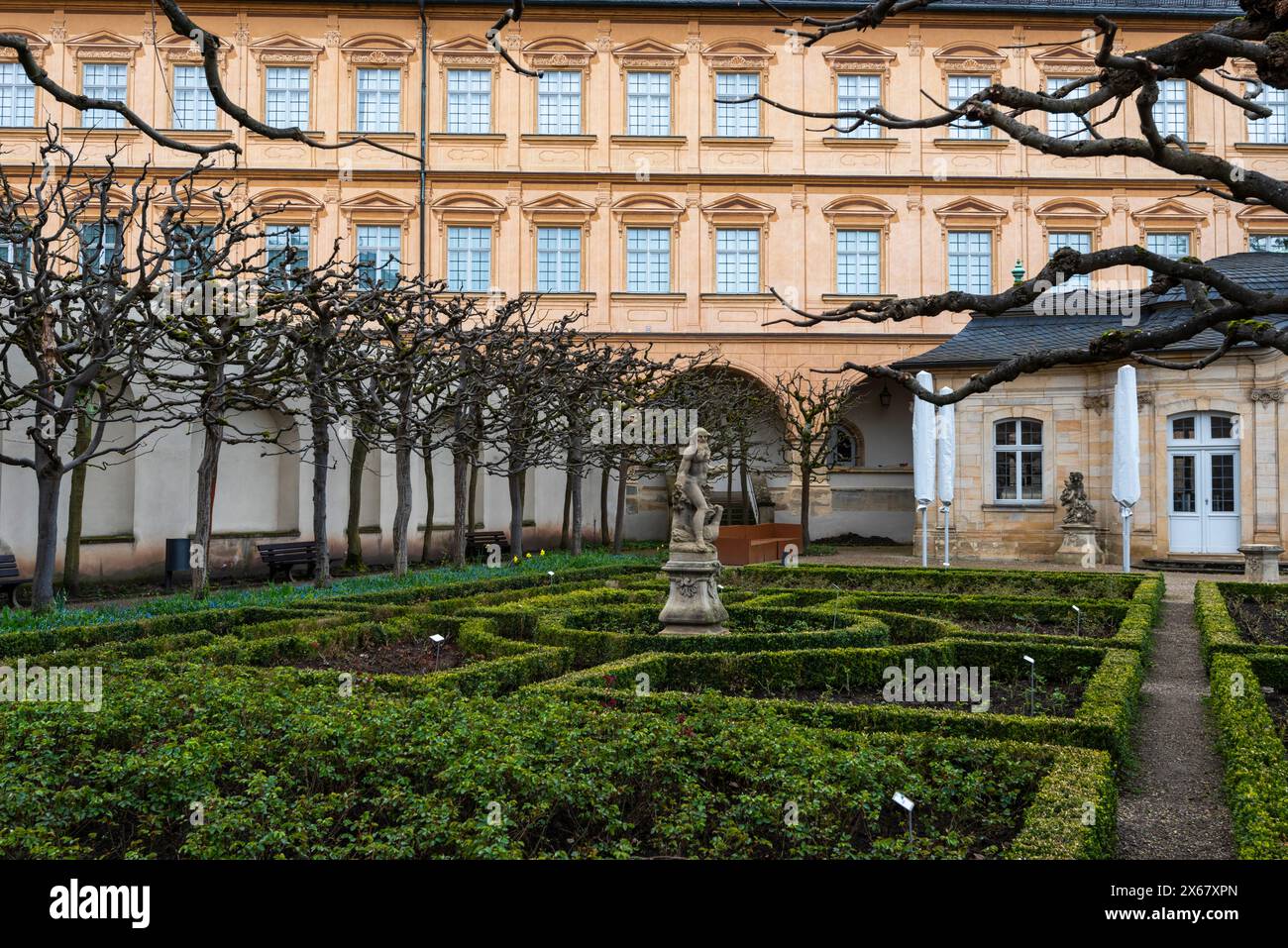 Historic rose garden of the ancient library of Bamberg, surrounded by ...