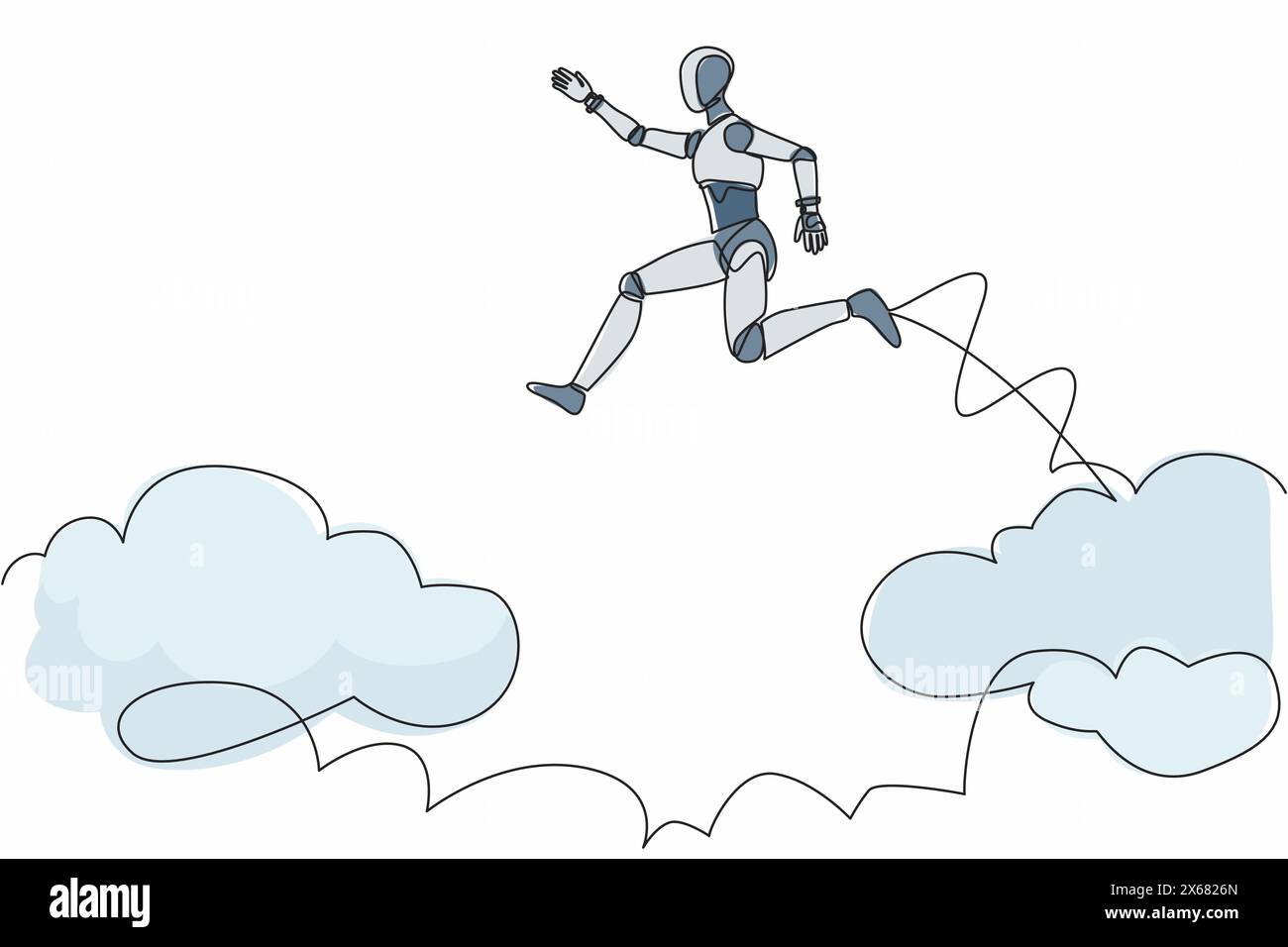 Single one line drawing fearless brave robot make risk by jump over ...