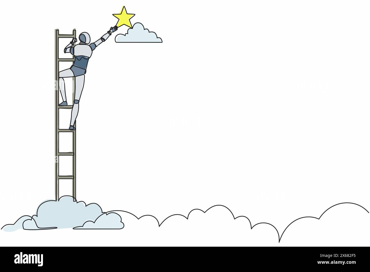 Continuous one line drawing robot standing on stairs and reaching star ... Continuous one line drawing robot standing on stairs and reaching star ...