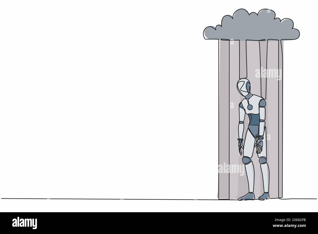 Single continuous line drawing unhappy depressed sad robot in stress ...