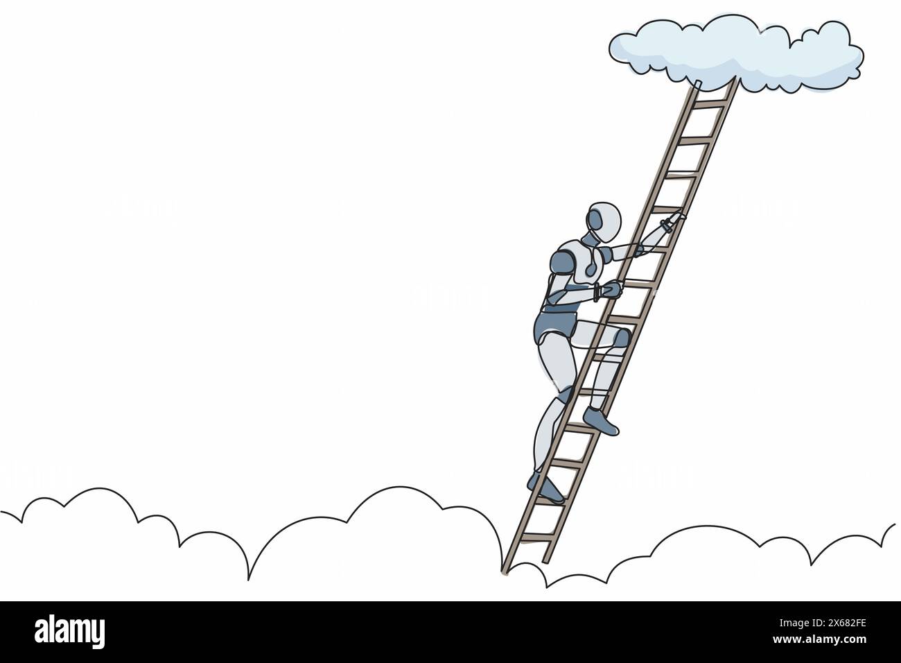 Single one line drawing robot climbing up career ladder to cloud ...