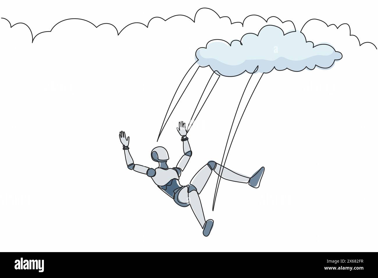 Continuous one line drawing robot falling from cloud and sky. Failure ...