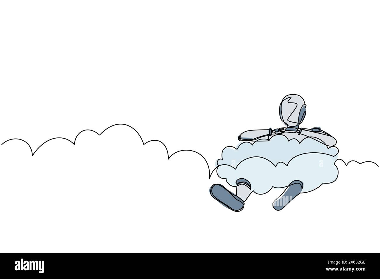 Single one line drawing robot hang in the clouds. Hoping for success ...