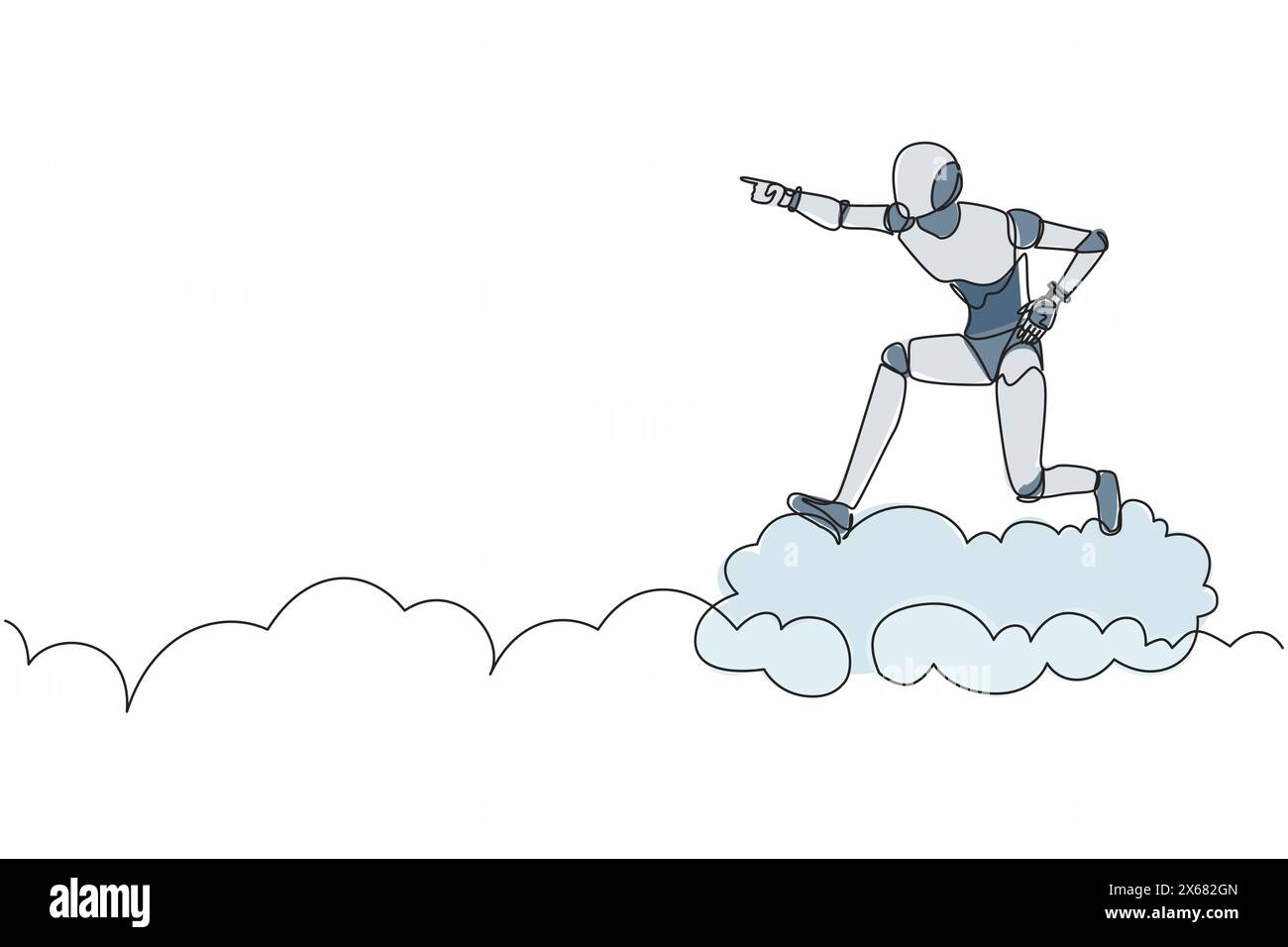 Continuous one line drawing robot ride cloud, pointing forward, go to ...