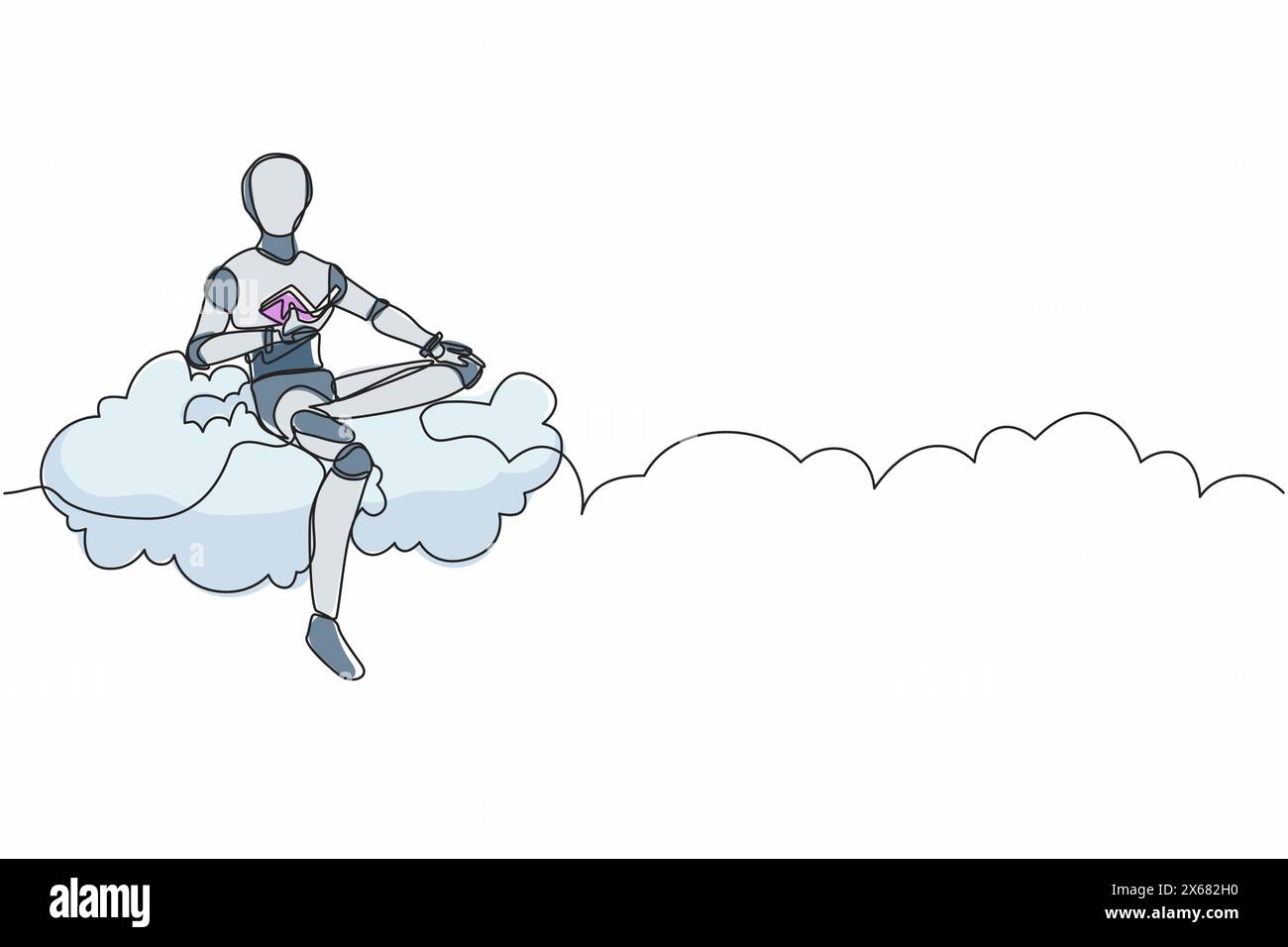 Single one line drawing robot relaxes and sitting on cloud reading book ...