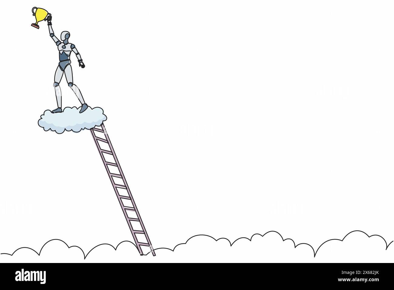 Continuous one line drawing robot climb ladder and holding trophy in ...