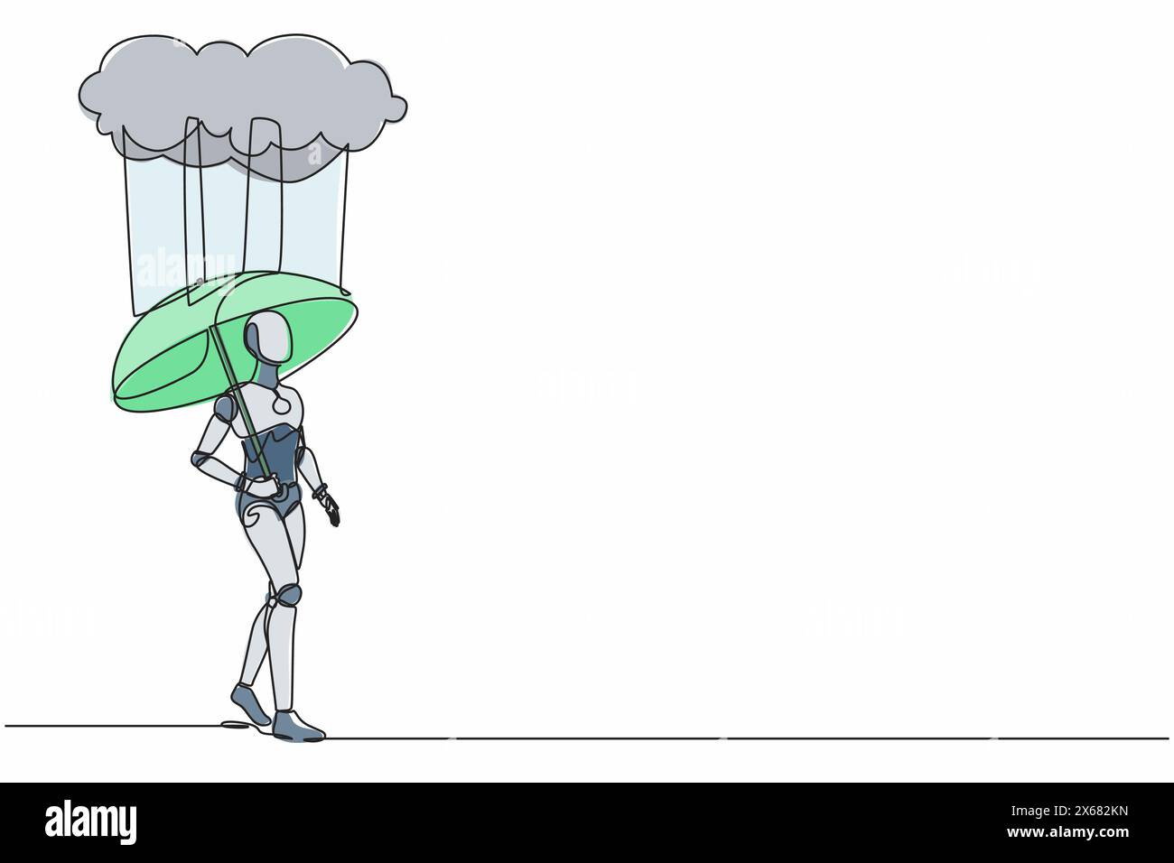 Continuous one line drawing robot with umbrella stand under rain cloud ...