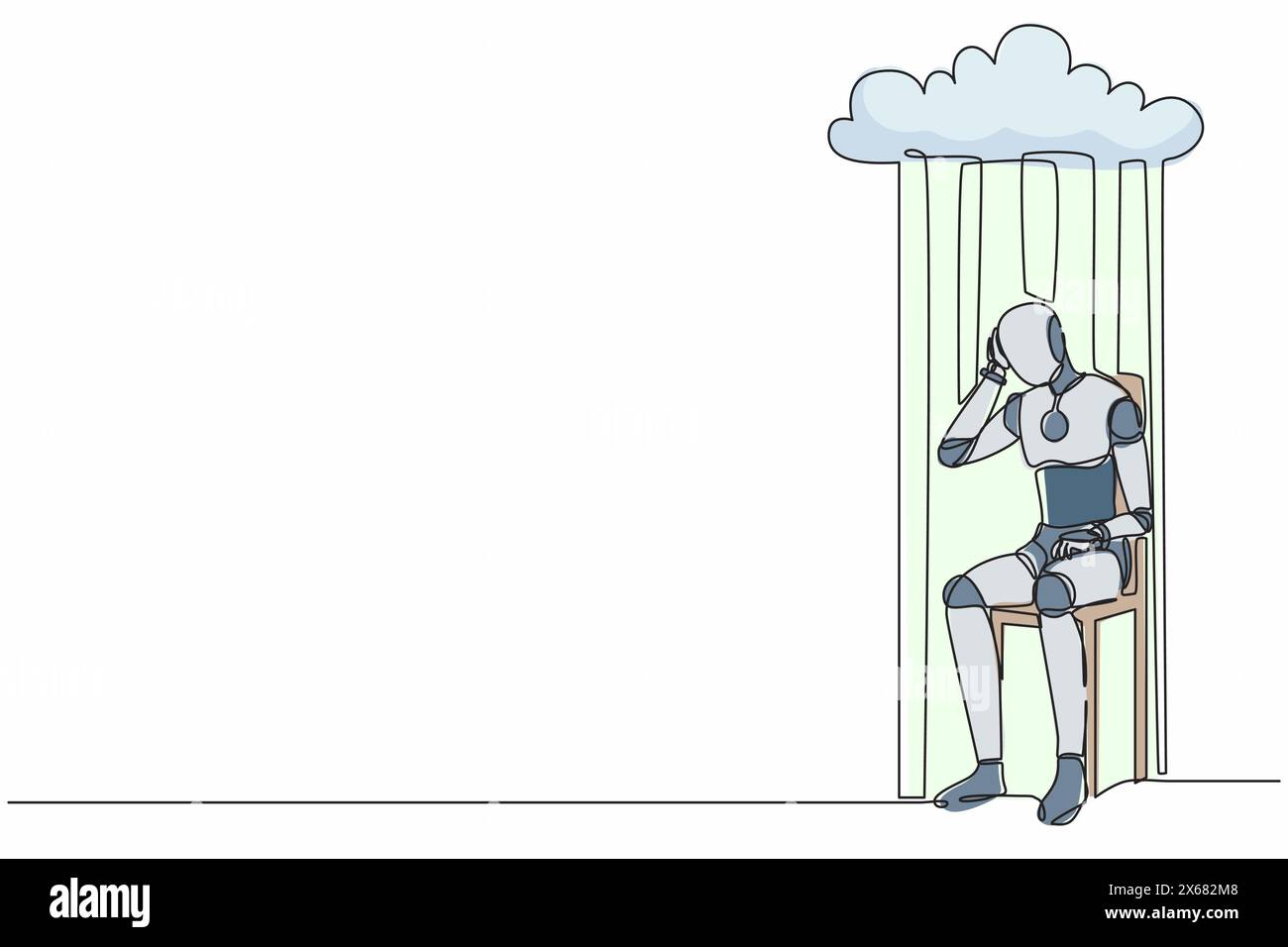 Single one line drawing robot sitting on chair under rain cloud. Future technology development ...