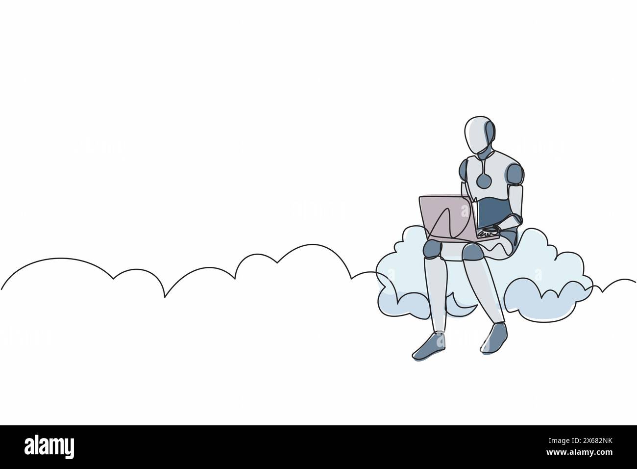 Single one line drawing robot sitting on cloud in sky and working with laptop. Future technology ...