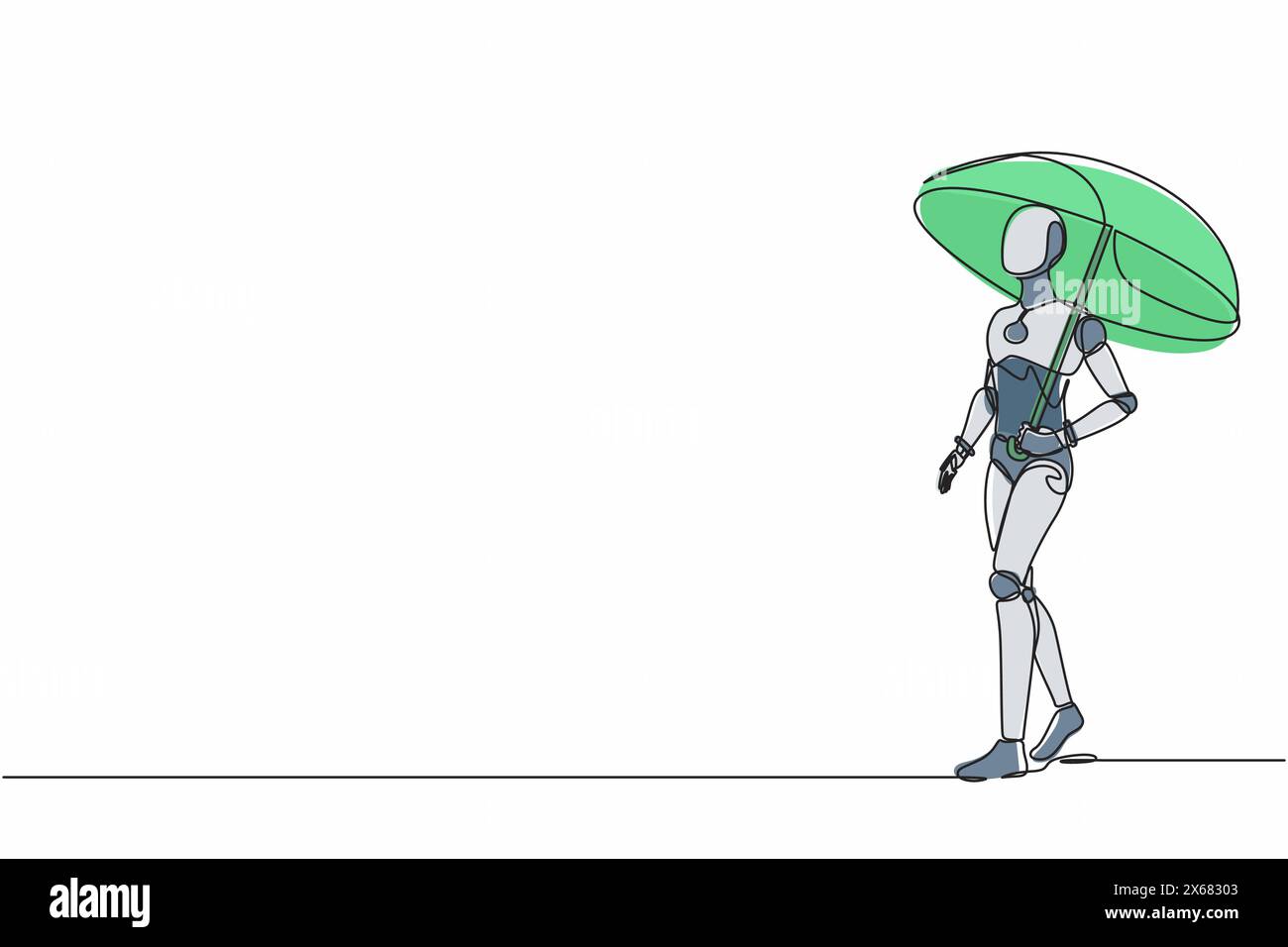 Single continuous line drawing robot with umbrella walking alone ...
