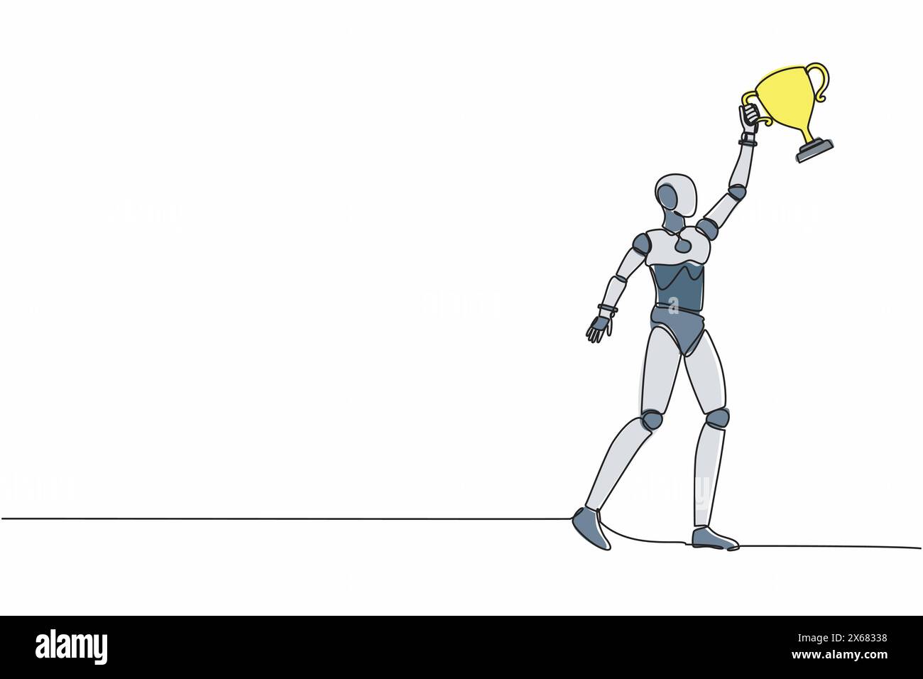 Single one line drawing robot holding trophy with one hand. Success and ...