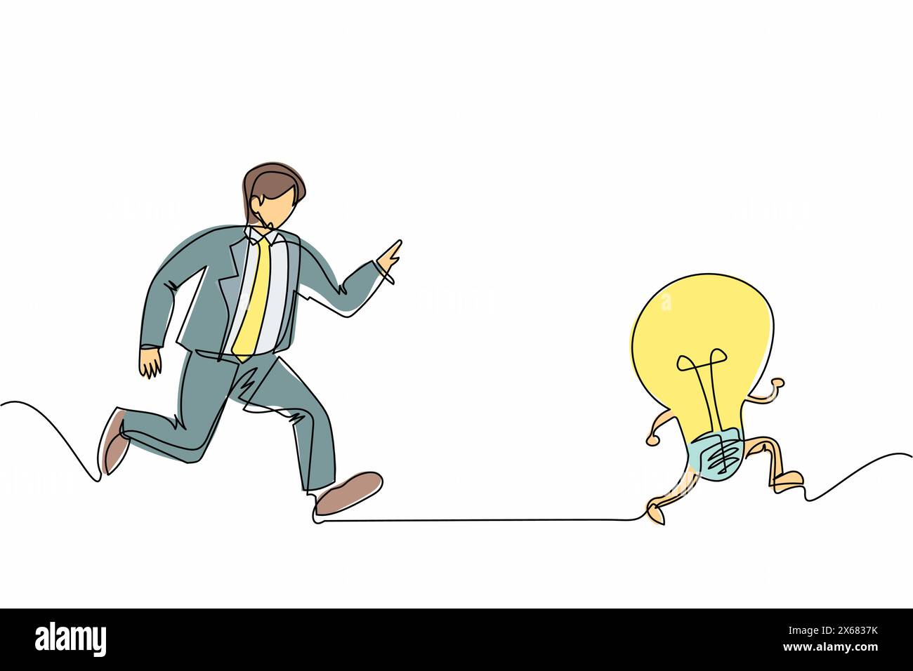 Continuous one line drawing businessman run chasing try to catch idea ...