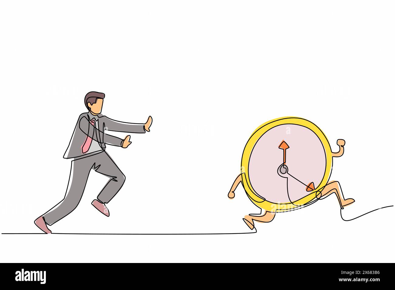 Single one line drawing stressed businessman chasing time or clock ...