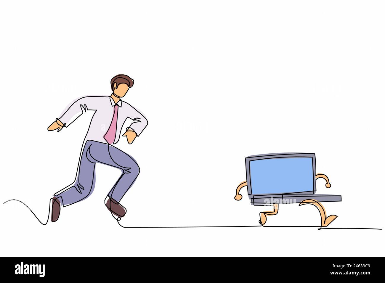 Continuous one line drawing furious businessman chasing laptop computer ...