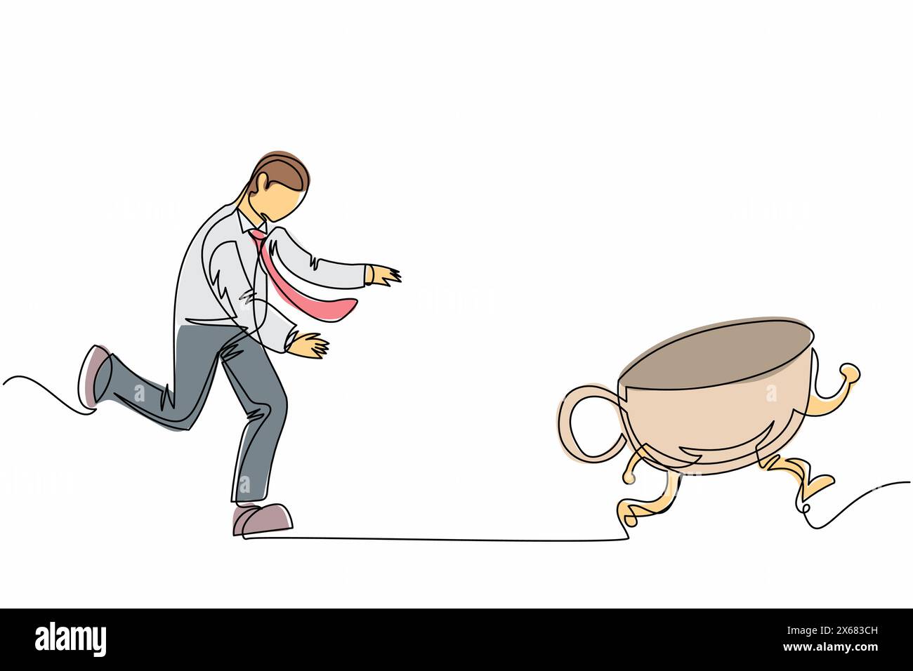 Single one line drawing businessman run chasing try to catch coffee cup ...