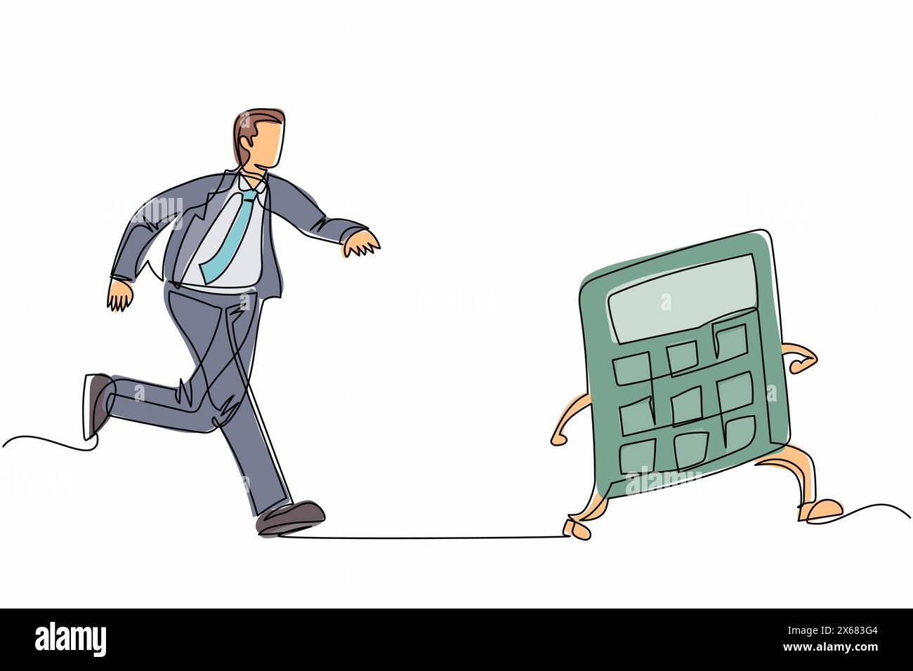 Continuous one line drawing businessman chasing calculator. Math ...