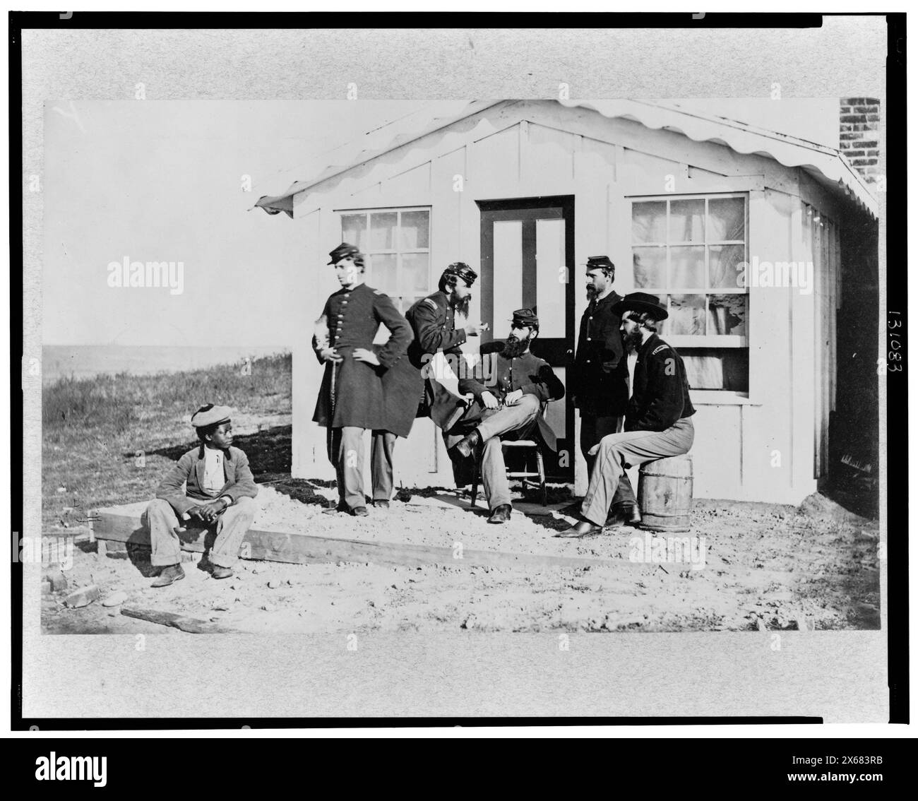 Five Civil War soldiers gathered on dirt porch outside home. African ...