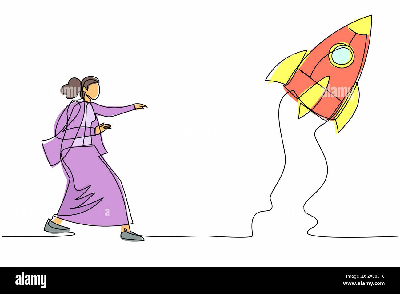 Single one line drawing businesswoman run chasing try to catch flying ...