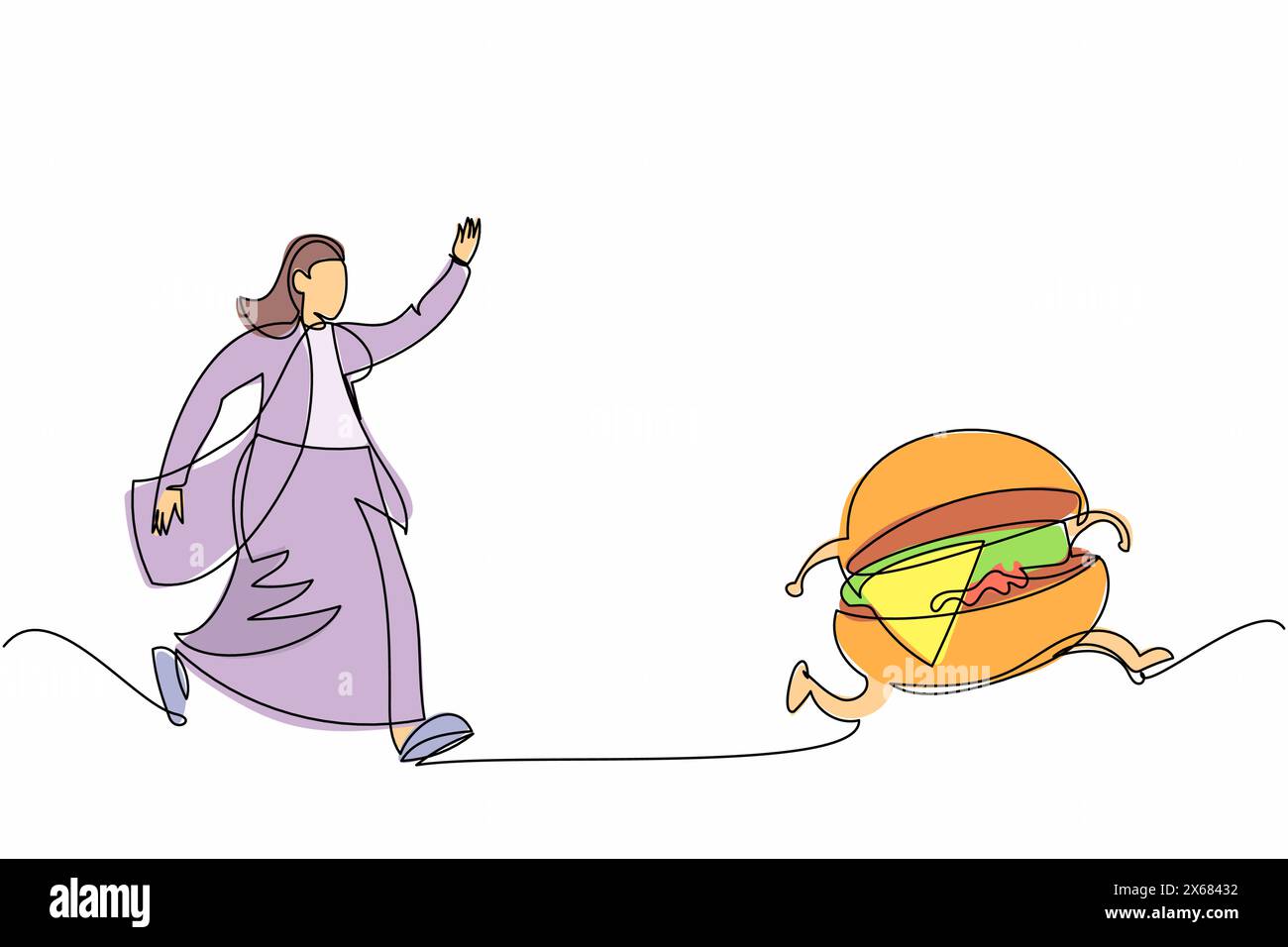 Single continuous line drawing businesswoman run chasing try to catch ...