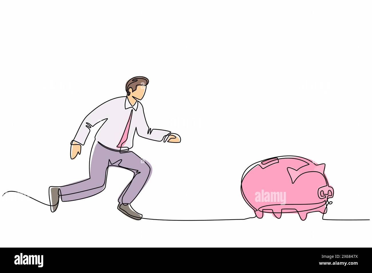 Single continuous line drawing businessman chasing piggy bank, trying ...
