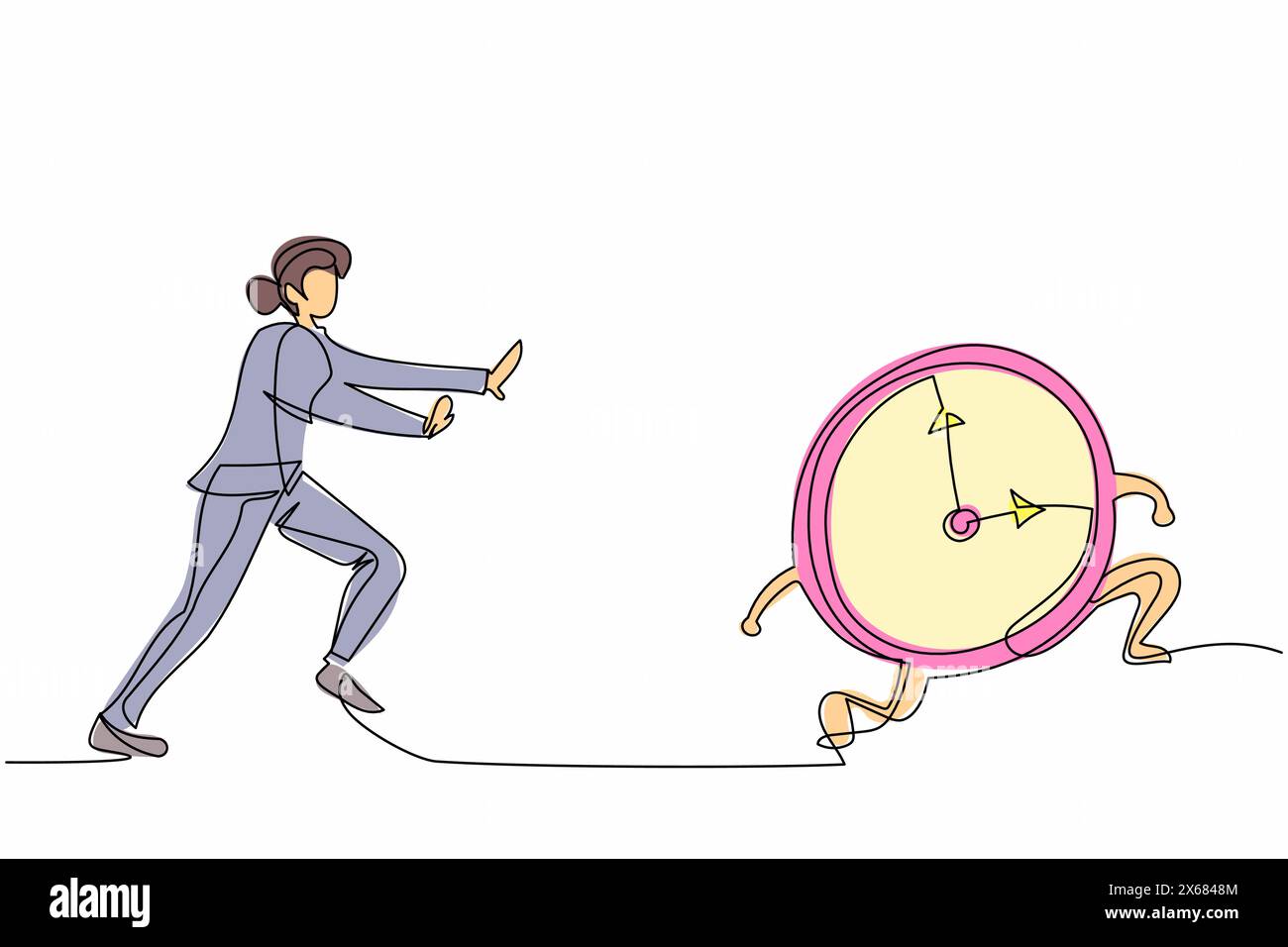 Single one line drawing stressed businesswoman chasing time or clock ...