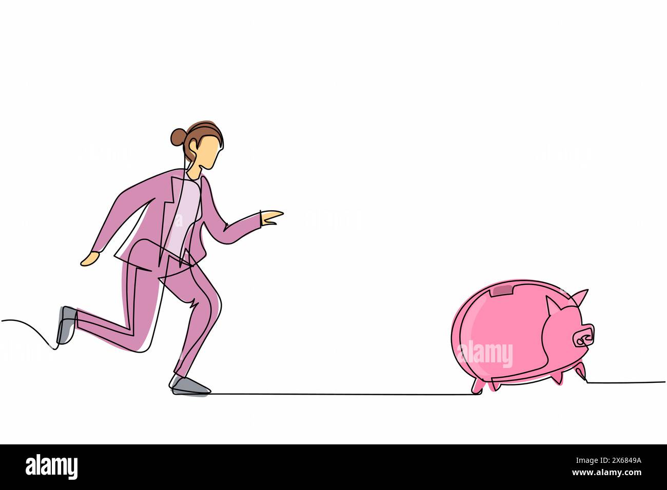 Single continuous line drawing businesswoman chasing piggy bank, trying ...