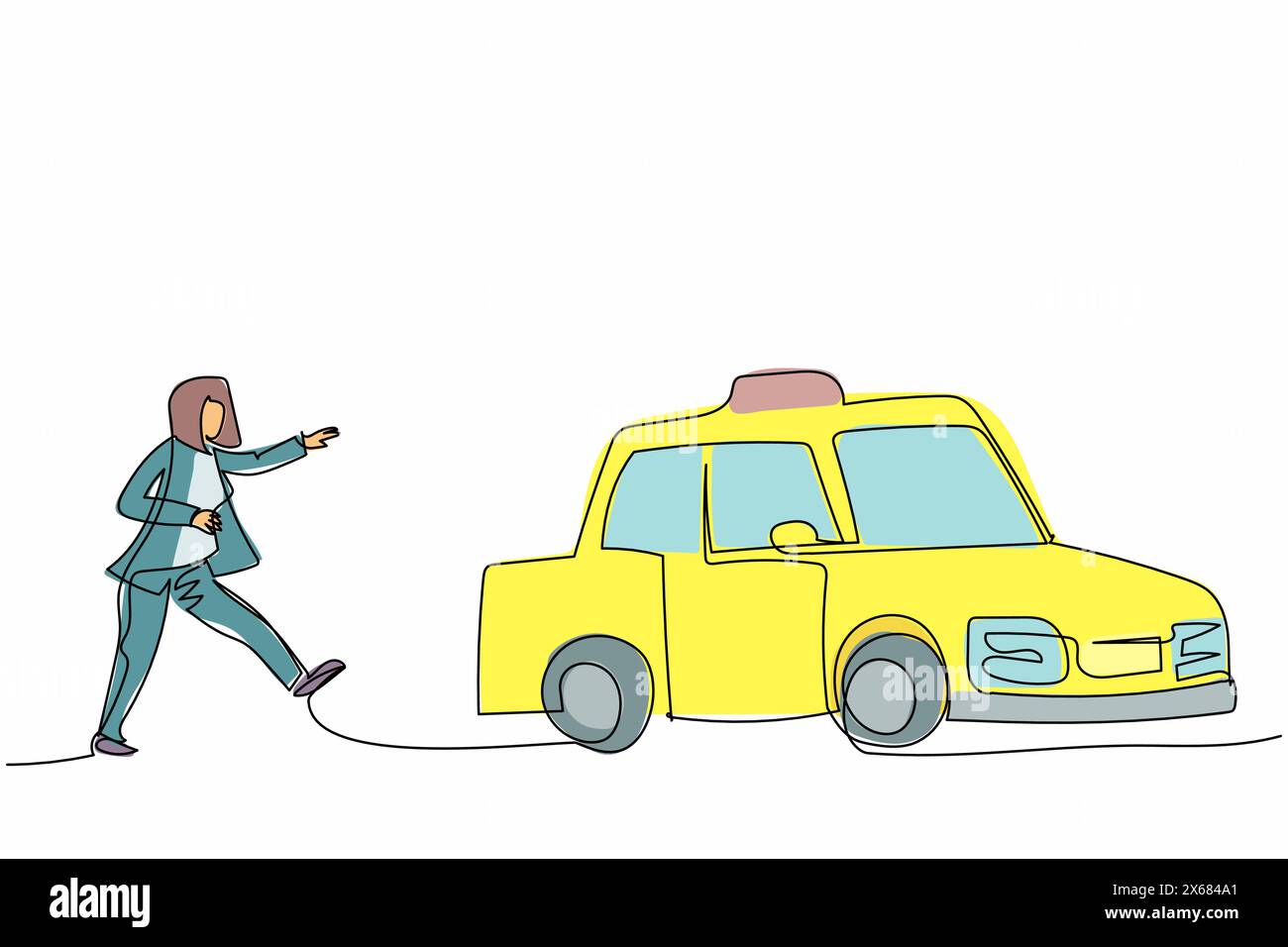 Continuous one line drawing businesswoman run chasing try to catch taxi ...