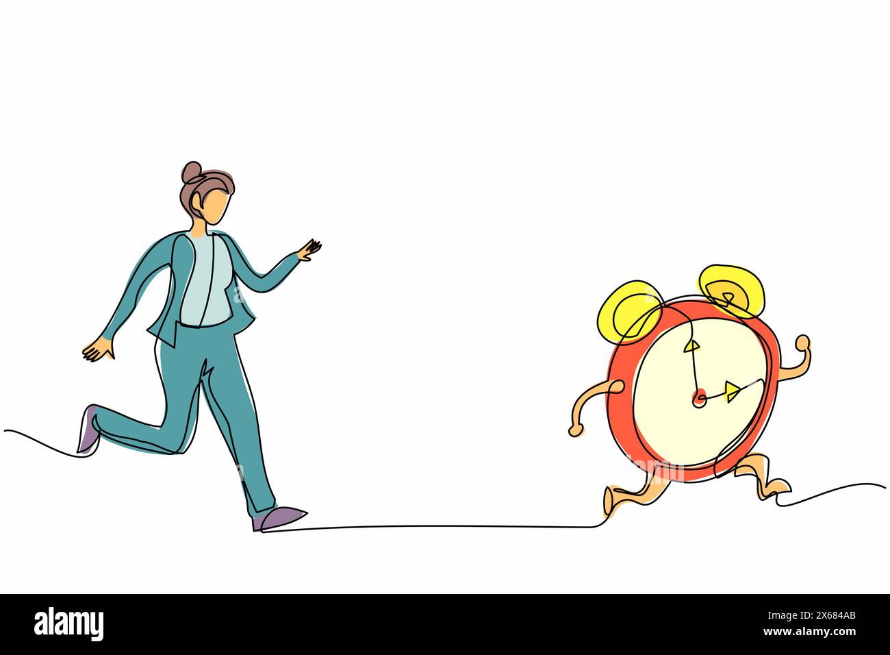 Single continuous line drawing stressed businesswoman chasing alarm ...