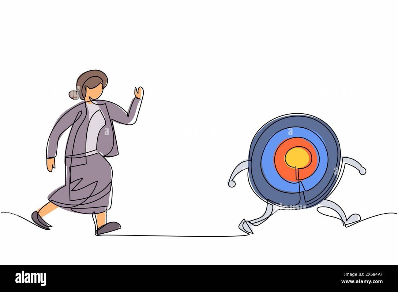 Continuous one line drawing businesswoman run chasing try to catch big ...