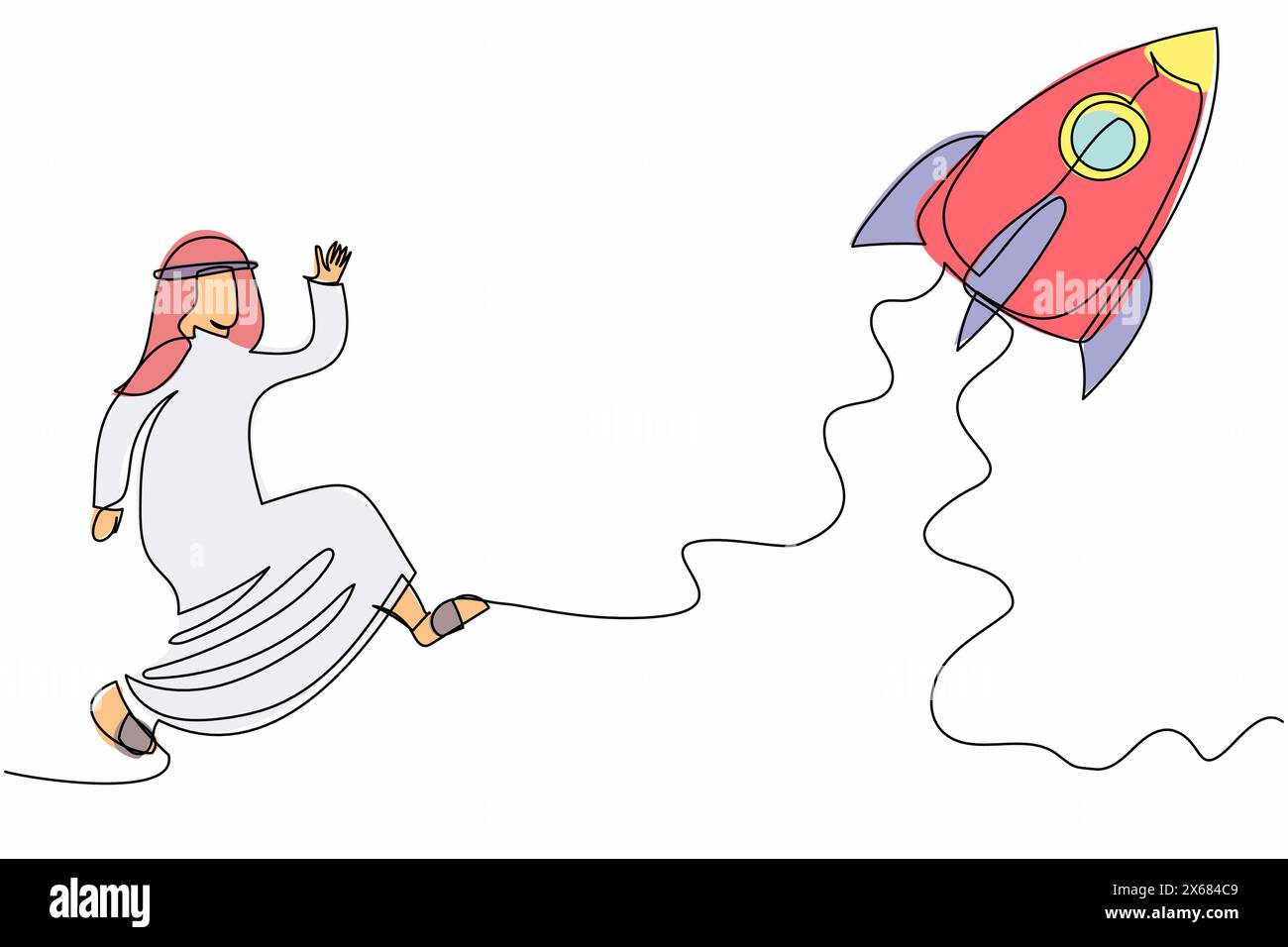 Single continuous line drawing Arab businessman running chasing rocket ...