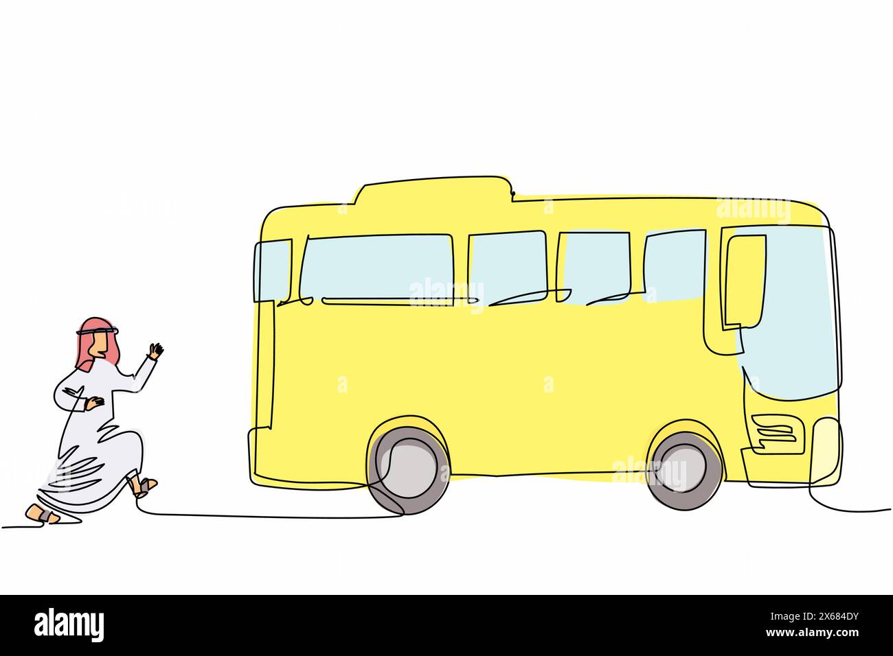 Single one line drawing Arab businessman running chasing bus. Male ...