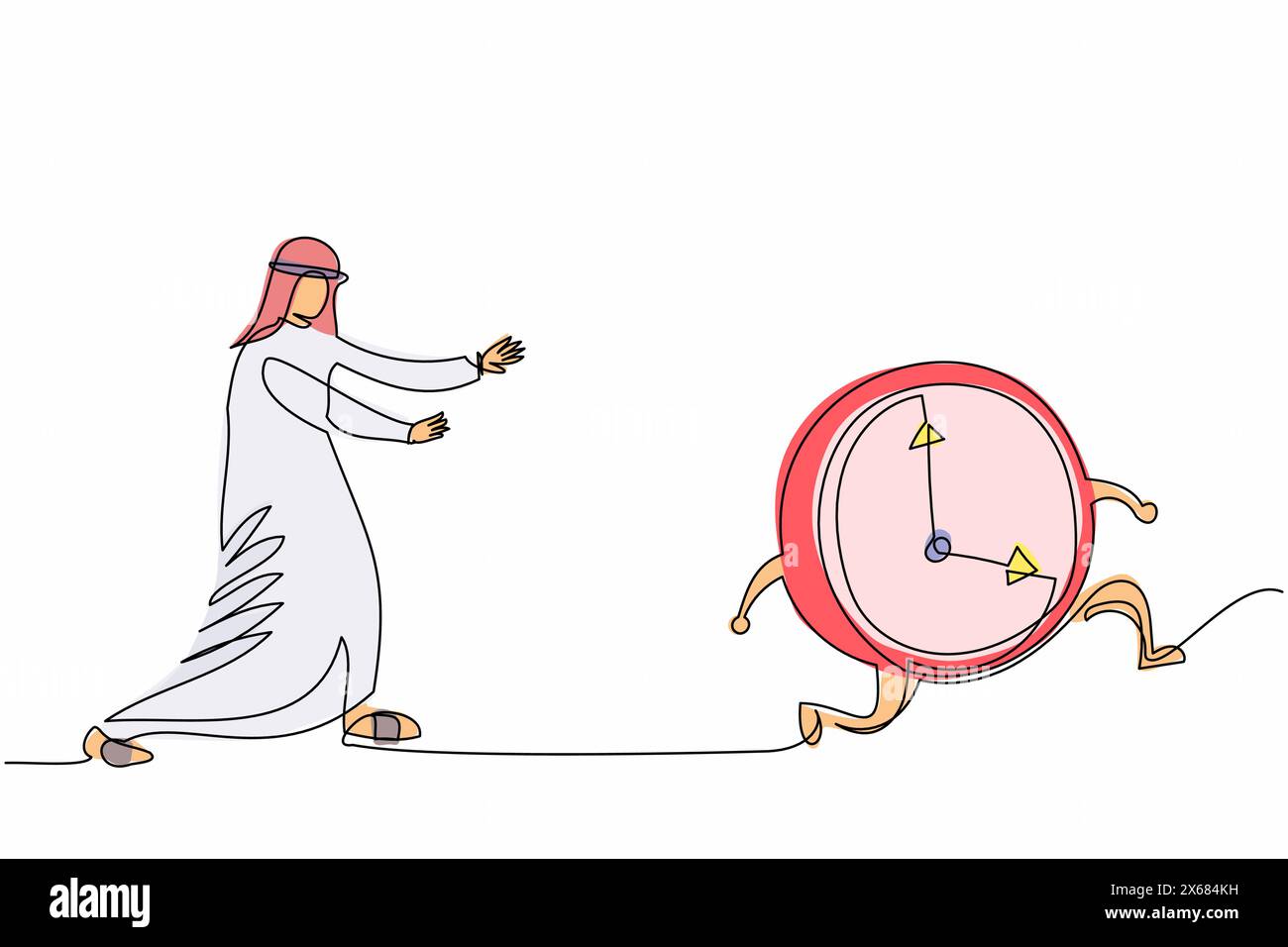 Continuous one line drawing Arab businessman chasing time. Manager runs ...
