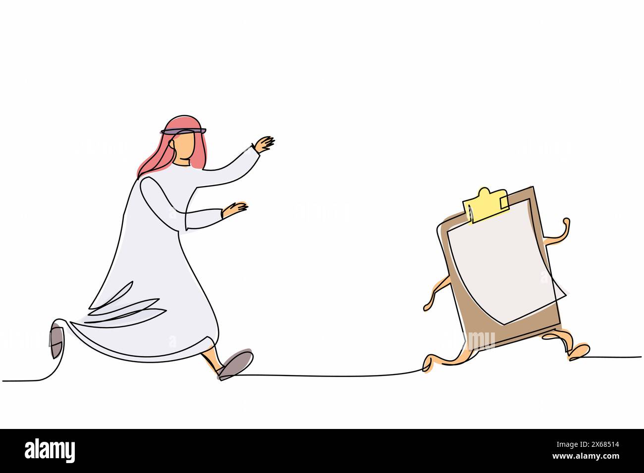 Single continuous line drawing Arab businessman chasing clipboard ...