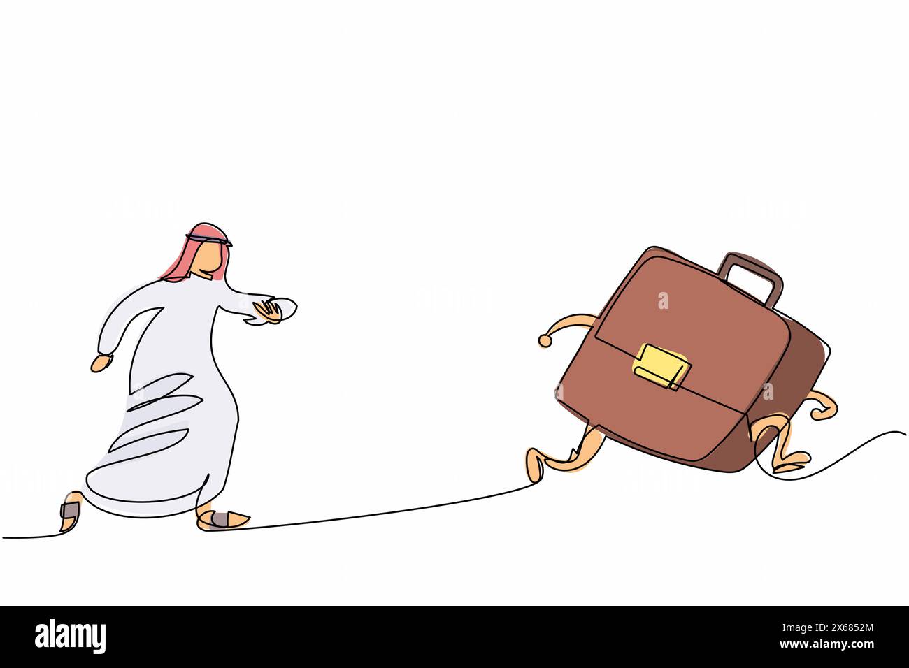 Single continuous line drawing Arab businessman chasing briefcase. CEO ...