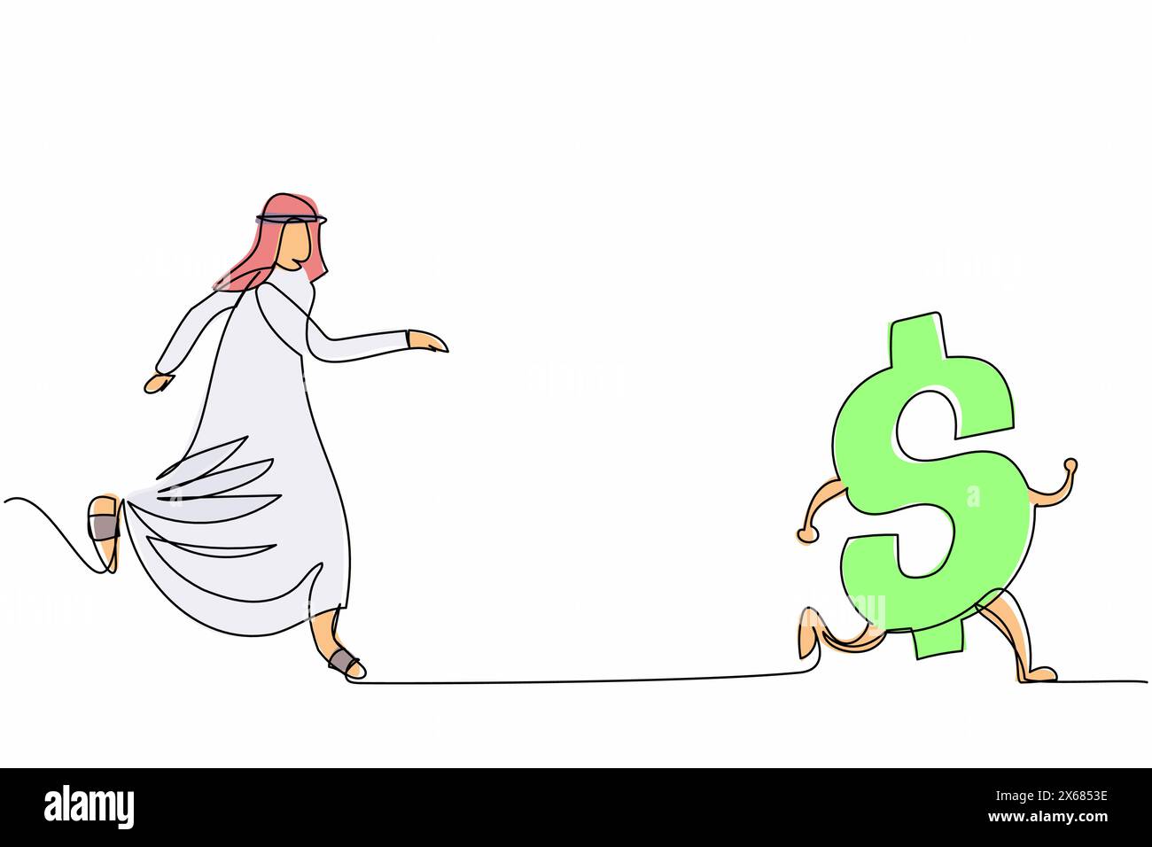 Single one line drawing Arab businessman chasing dollar symbol. Pursuit ...