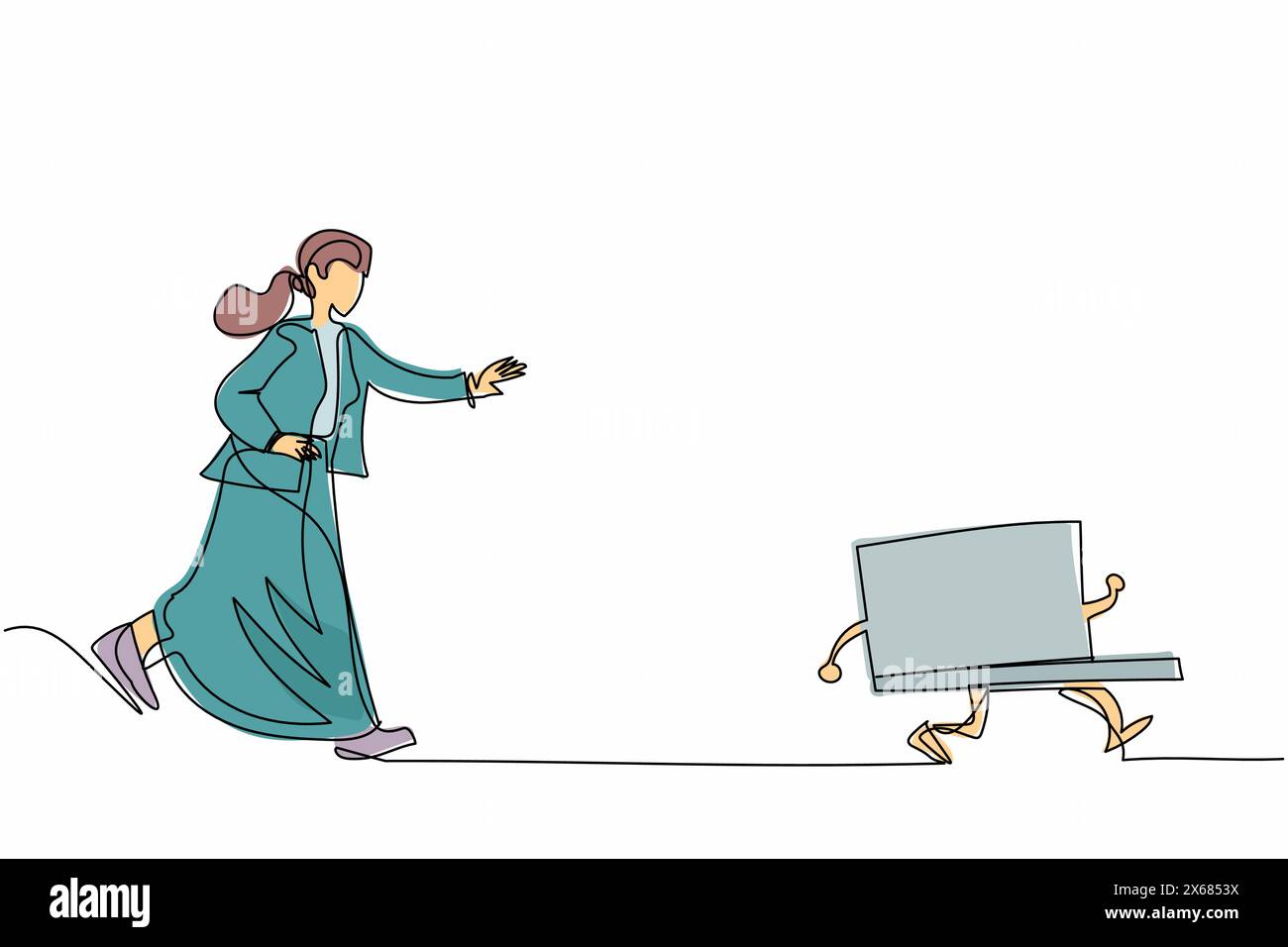 Continuous one line drawing furious businesswoman chasing laptop ...